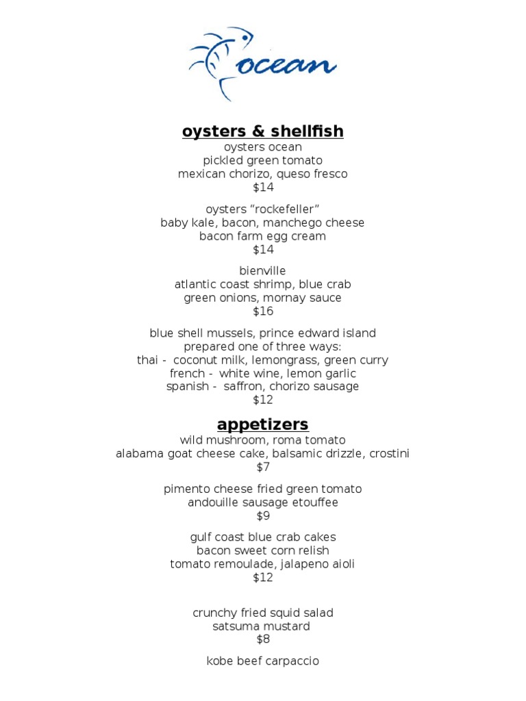 Ocean Dinner Menu | PDF