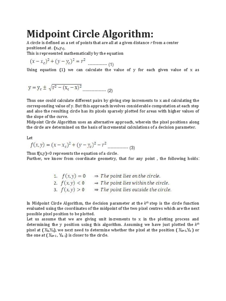 Midpoint Circle Algorithm | PDF | Circle | Areas Of Computer Science Midpoint Circle Algorithm | PDF | Circle | Areas Of Computer Science