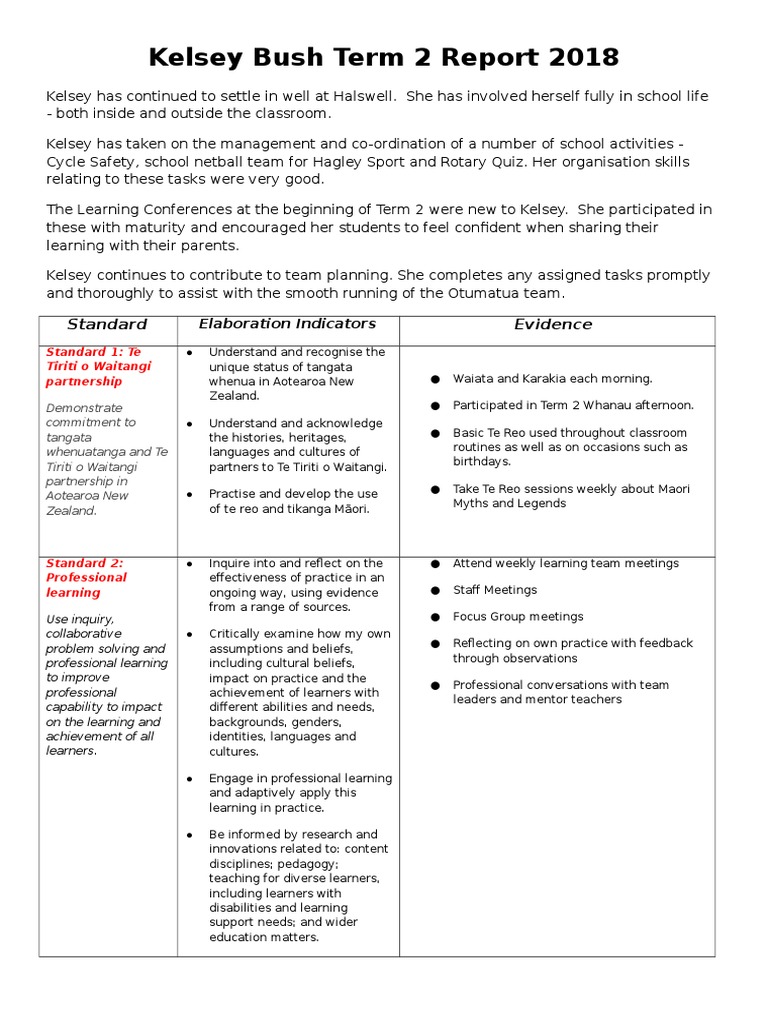 Kelseys Term 2 - 6 Standards Report Template | PDF | Pedagogy | Māori ...