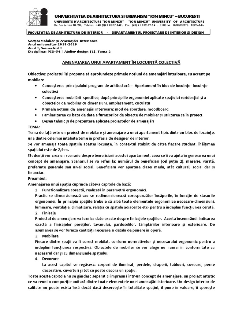 Tema de Proiectare An 1 Sectia Mobilier | PDF