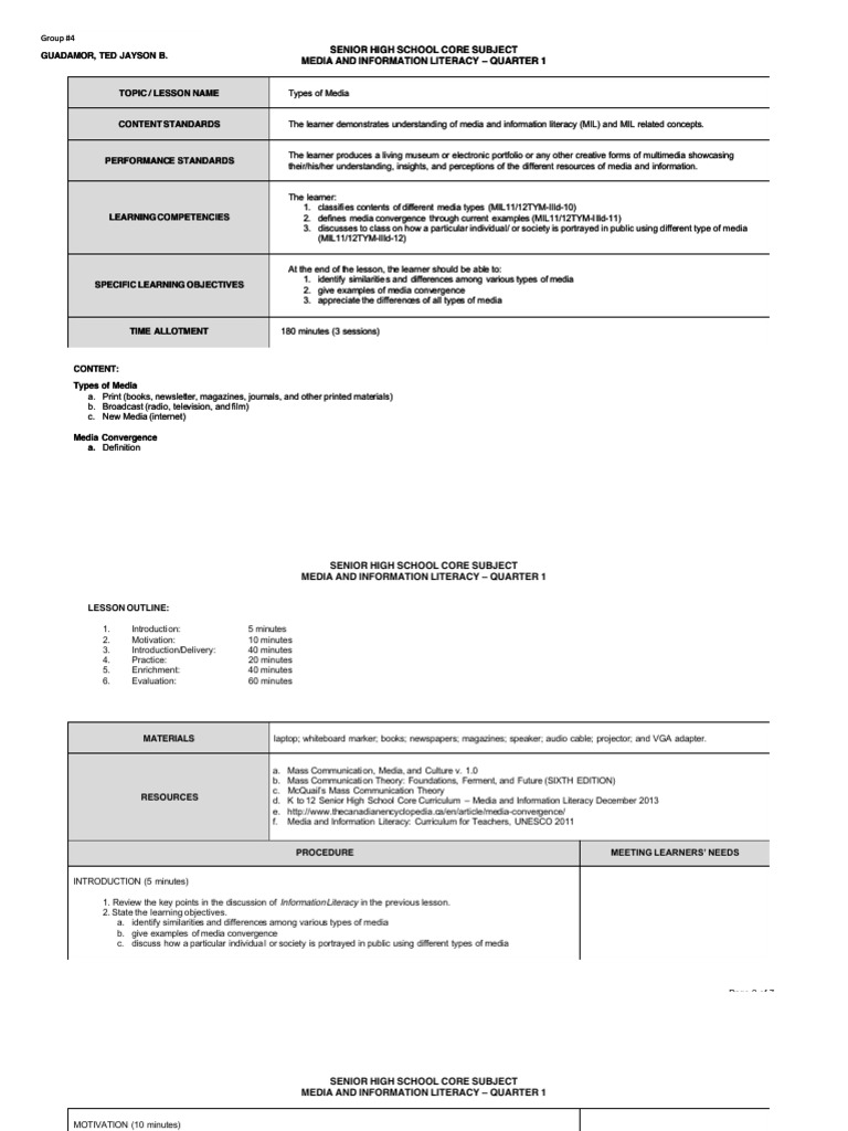 Media and Information Literacy Lesson Plan | Download Free PDF ...