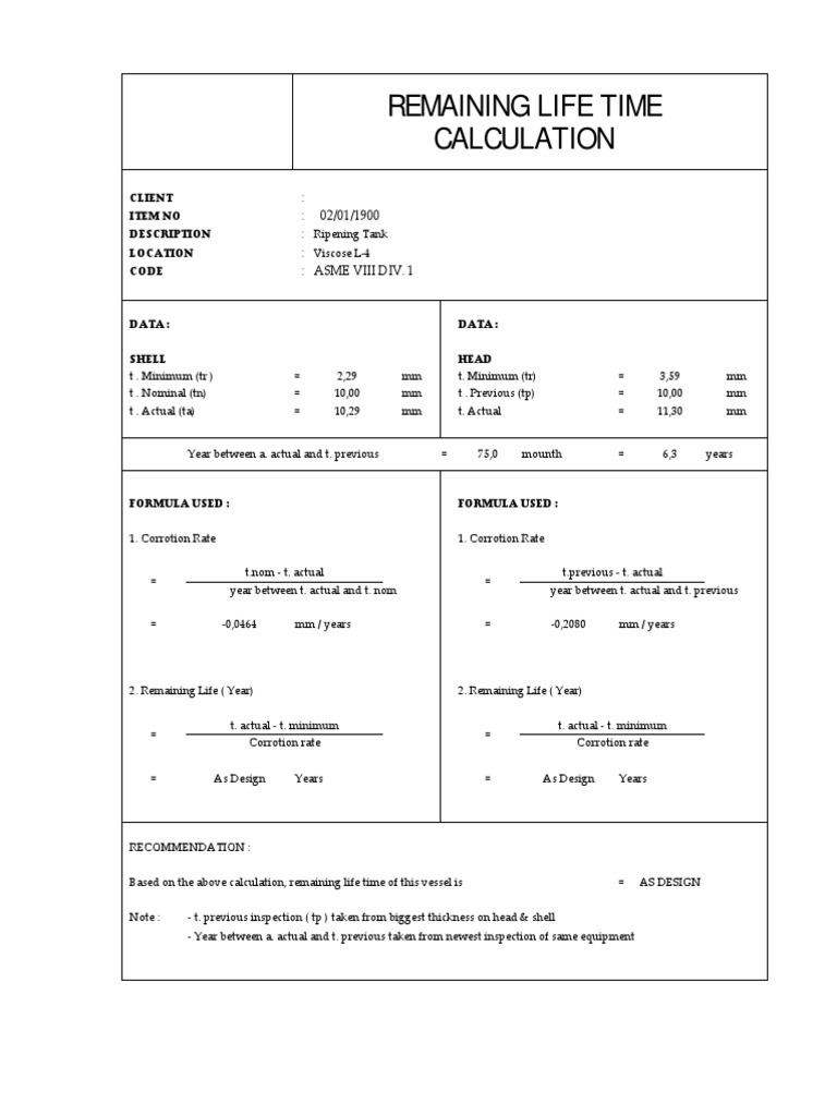 Remaining Life Time Calculation: Client Item No Description Location ...