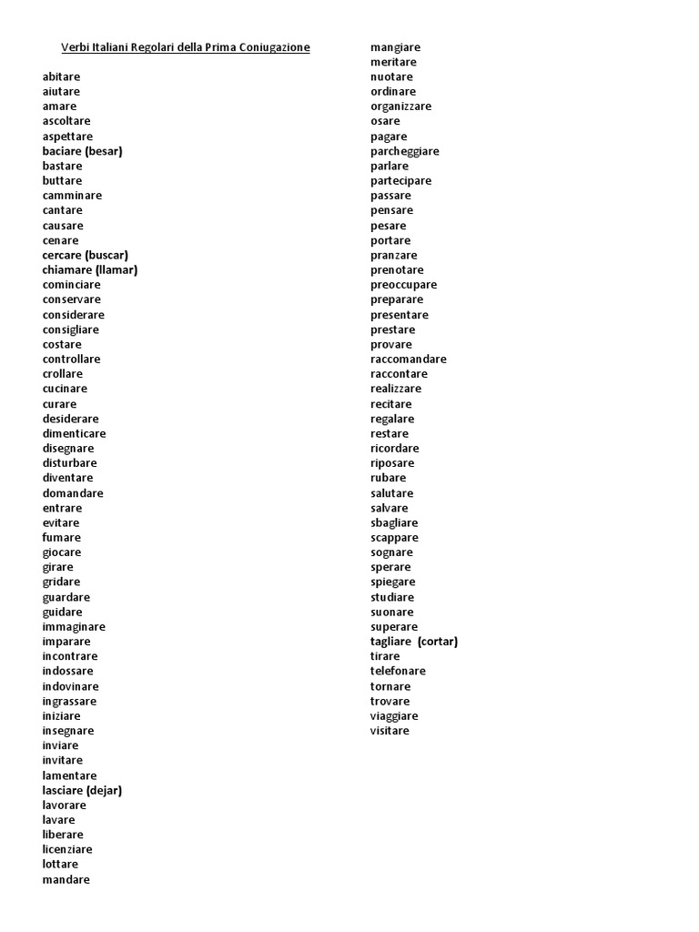 Verbi Italiani Regolari Della Prima Coniugazione | PDF