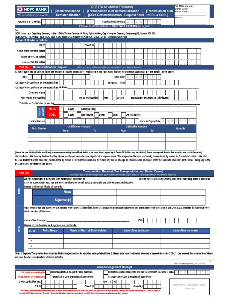 Demat Request Form DRF (NSDL CDSL) | PDF | Securities (Finance) | Investments & Securities