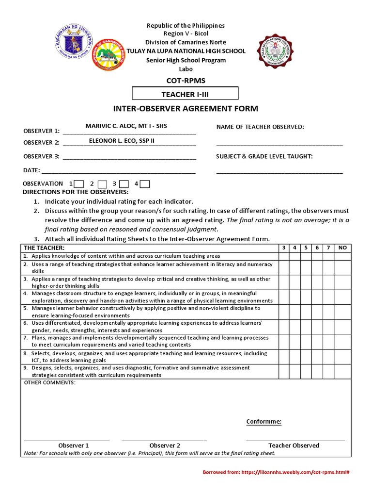 COT Inter-Observer Form | PDF | Teachers | Curriculum