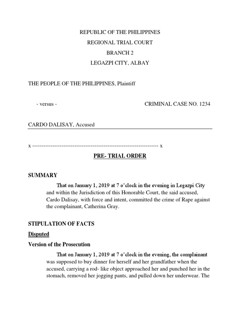 Pre Trial Order | PDF | Witness | Prosecutor