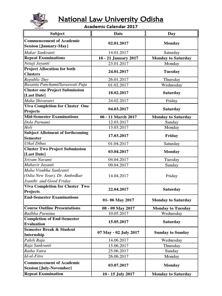 National Law University Odisha: Academic Calendar 2017 | PDF | Academic ...