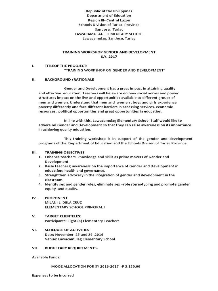 Training Workshop Gender and Development S.Y. 2017 I. Titleof The ...