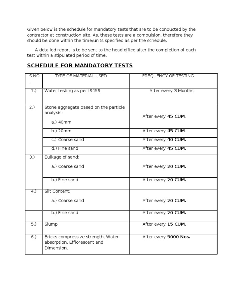 Schedule For Mandatory Tests | PDF