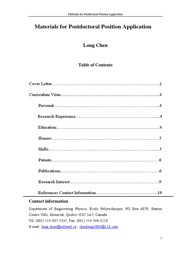 Materials For Postdoctoral Position Application: Long Chen | PDF ...