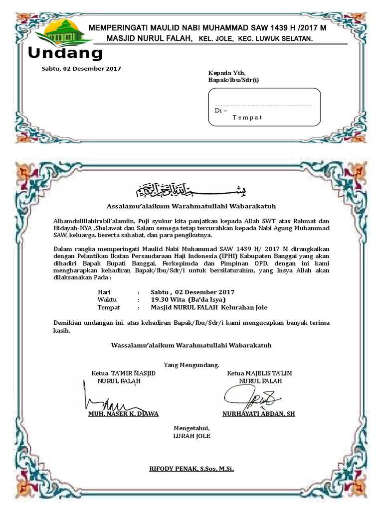 Undangan Maulid Nabi 1439 H/2017 M | PDF