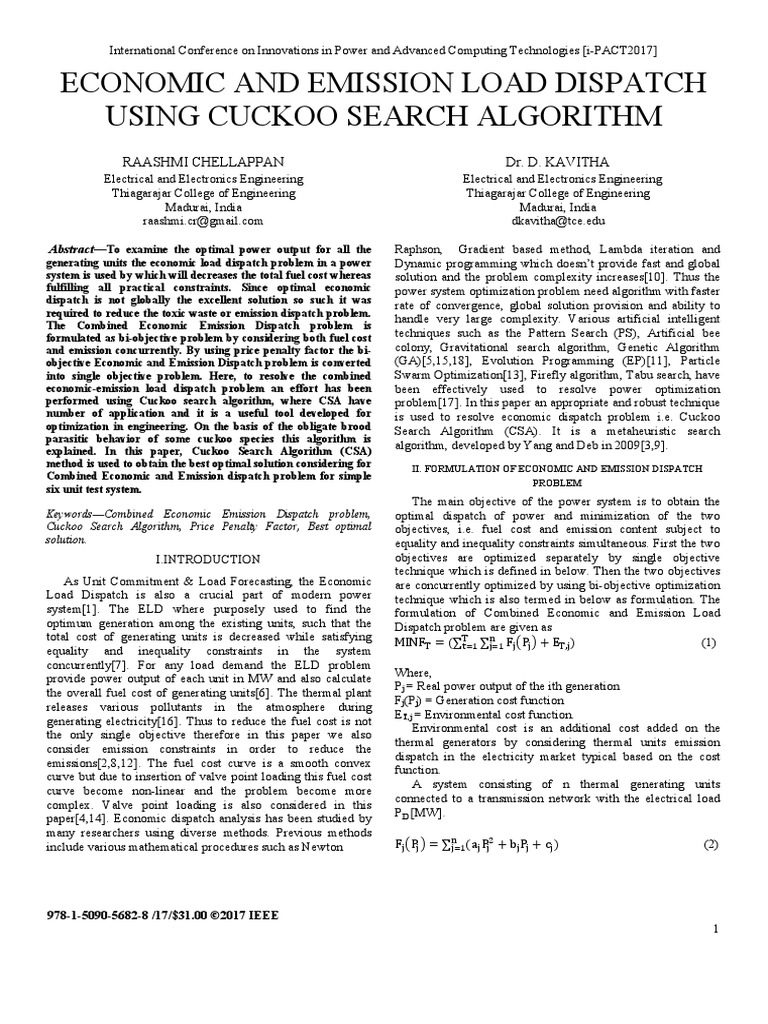 Economic and Emission Load Dispatch Using Cuckoo Search Algorithm | PDF ...