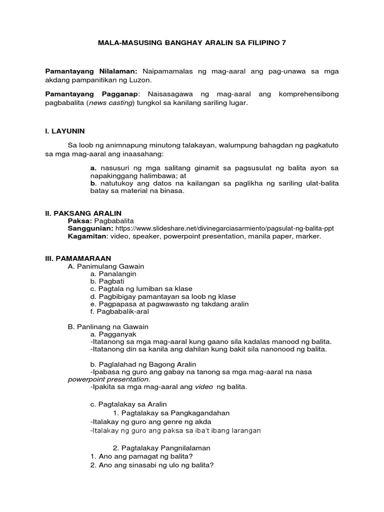 Mala-Masusing Banghay Aralin Sa Filipino | PDF