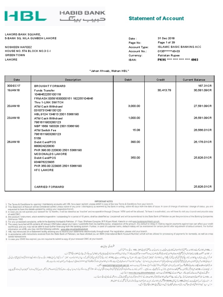 HBL Islamic Banking Account Statement | PDF | Debits And Credits ...