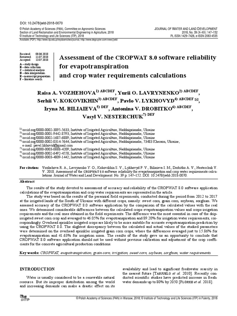 Assessment of The CROPWAT 80 Software Reliability | PDF ...