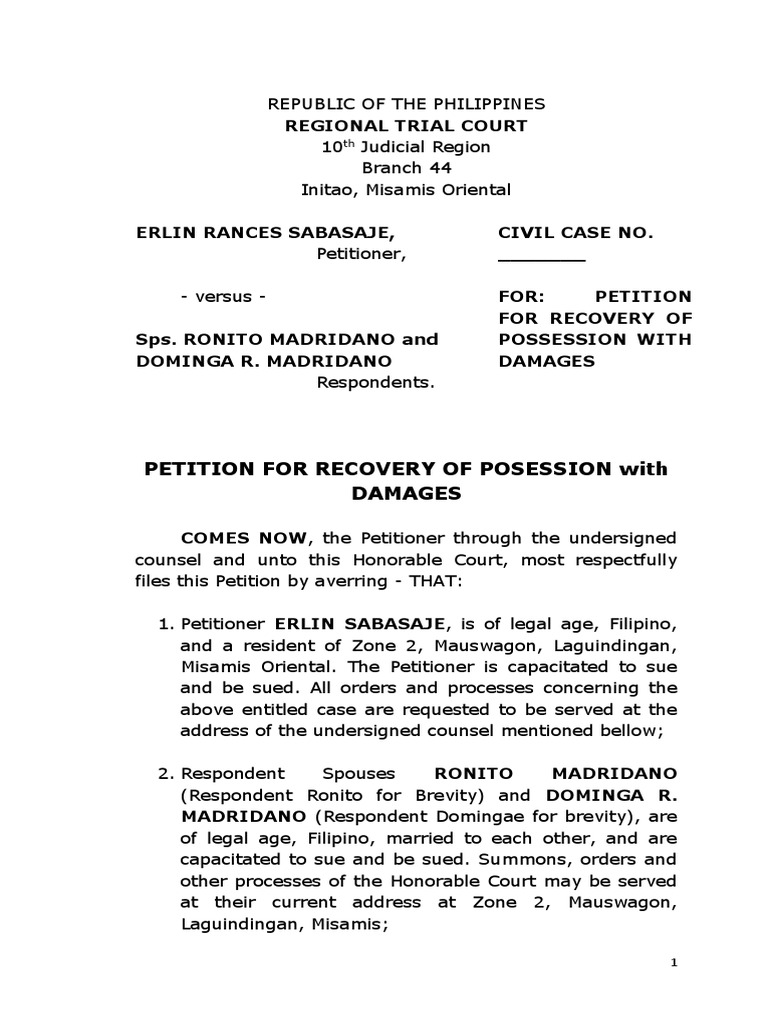 Petition For Recovery of Posession With Damages | PDF | Lawsuit | Social Institutions