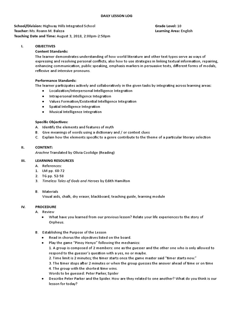 Arachne: Myth and Moral Lessons | PDF | Lesson Plan | Learning