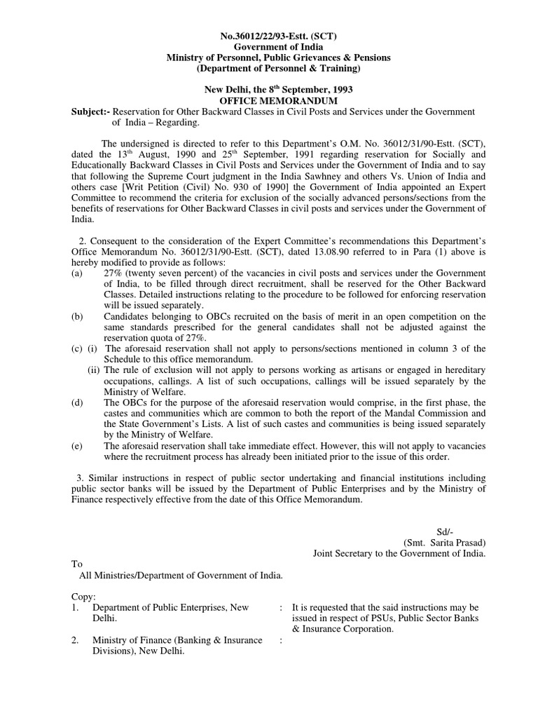 08!09!1993 DoPT Memorandum | PDF | Government Of India | Social ...