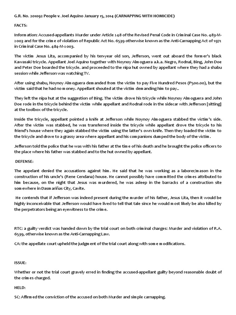 Carnapping With Homicide 1. PP vs. Joel Aquino | PDF | Murder ...