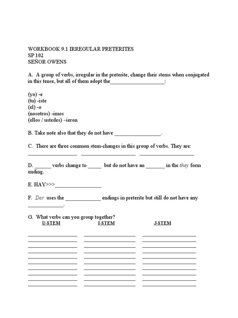 Workbook 9.1 Irregular Preterites | PDF | Grammar | Language Families