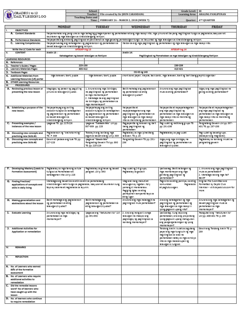 DLL - Araling Panlipunan 3 - Q4 - W7 | PDF