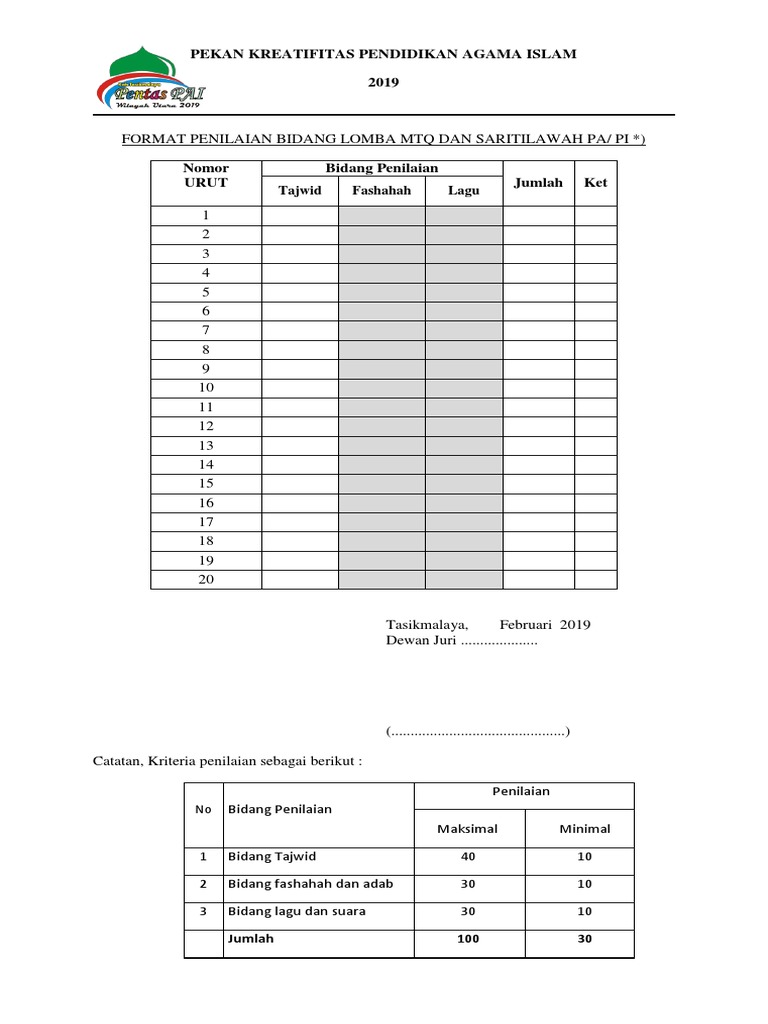 FORMAT PENILAIAN PENTAS PAI Juri MTQ | PDF FORMAT PENILAIAN PENTAS PAI Juri MTQ | PDF