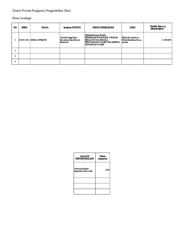 Pengembalian Dana Lampiran Surat Format Ebilling | PDF