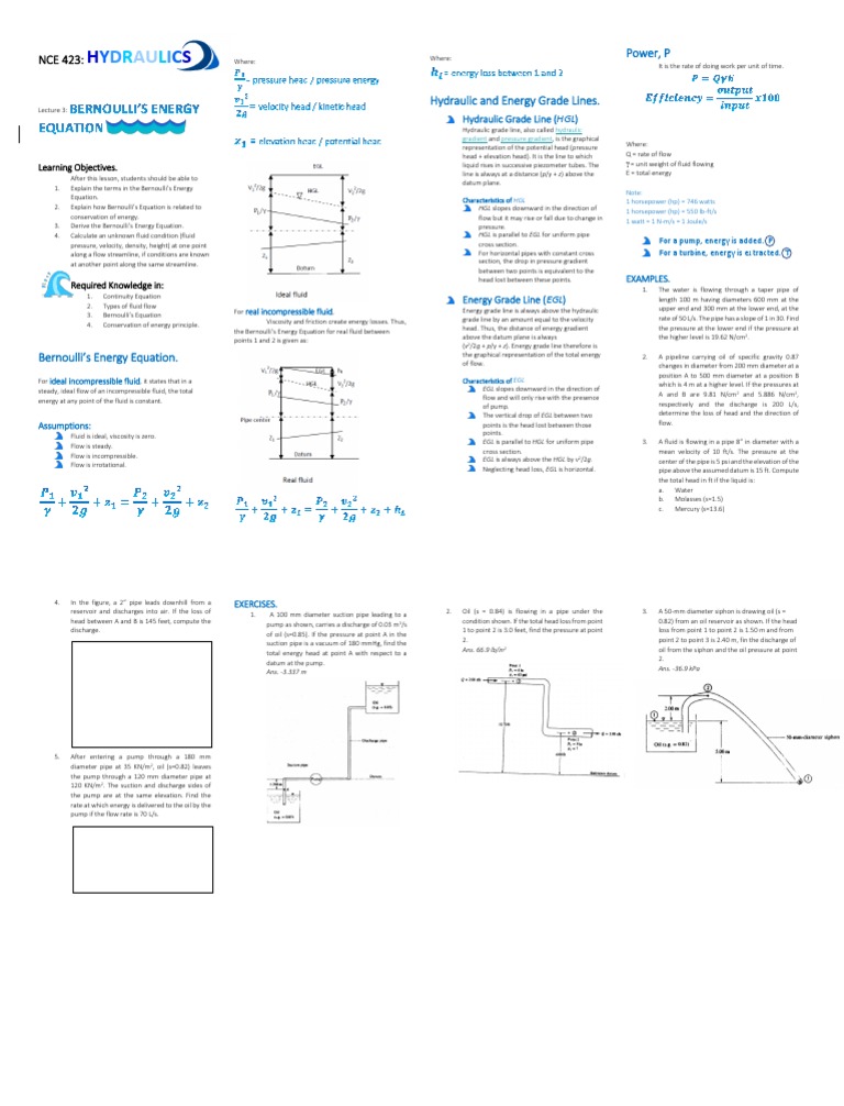 Lecture 3 Bernoulli S Energy Equation Pdf Pdf Fluid Dynamics