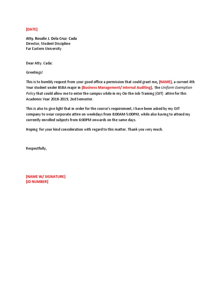 Uniform Exemption Request for OJT Attire | PDF | Learning | Behavior ...