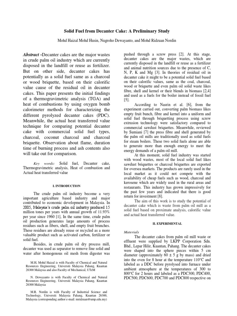 Abstract - Decanter Cakes Are The Major Wastes: Solid Fuel From ...