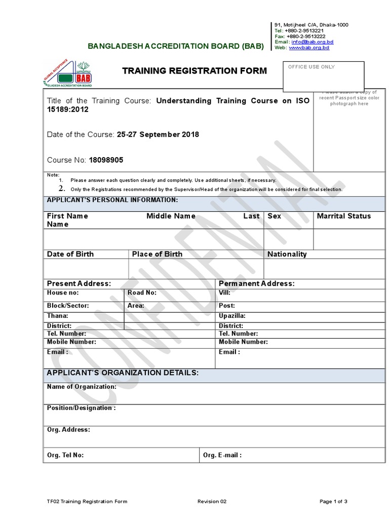 Training Registration Form: Title of The Training Course: Understanding ...