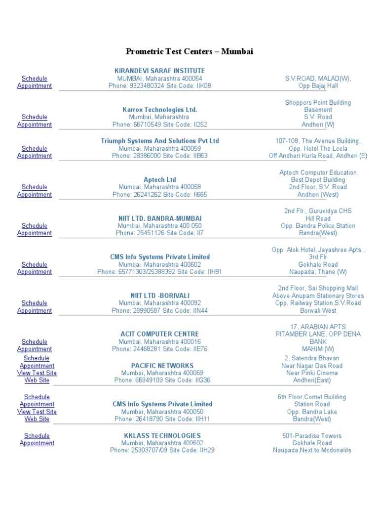 Prometric Test Centers in Mumbai | PDF | Mumbai