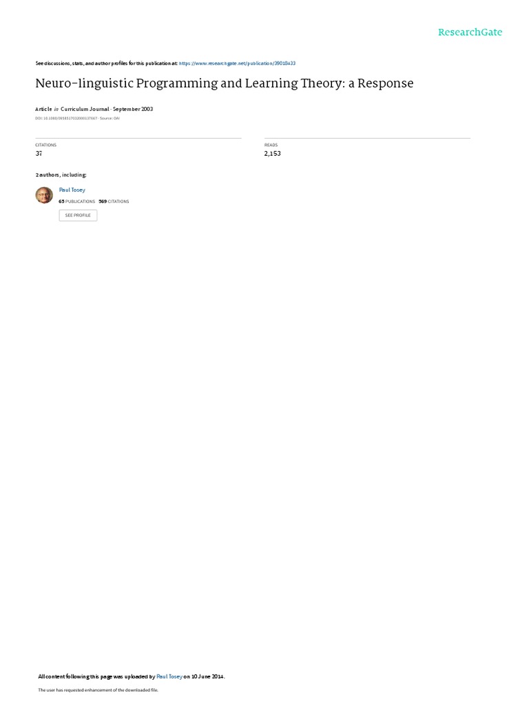 Neuro-Linguistic Programming and Learning Theory A Response | PDF | Neuro Linguistic Programming ...