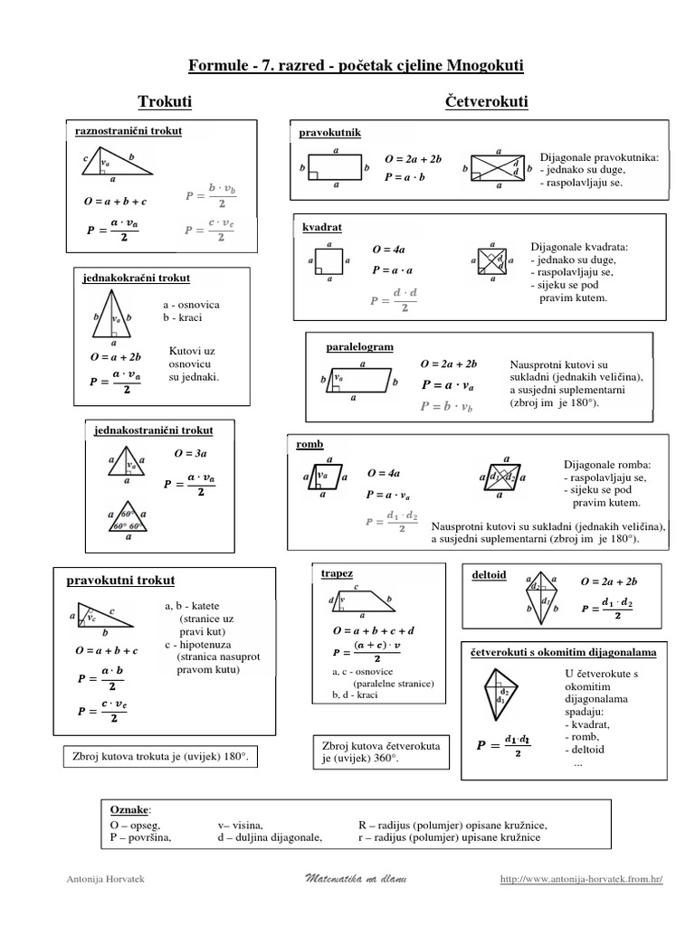 Formule Geometrijski Likovi 7 Pocetak Cjeline Mnogokuti PDF | PDF