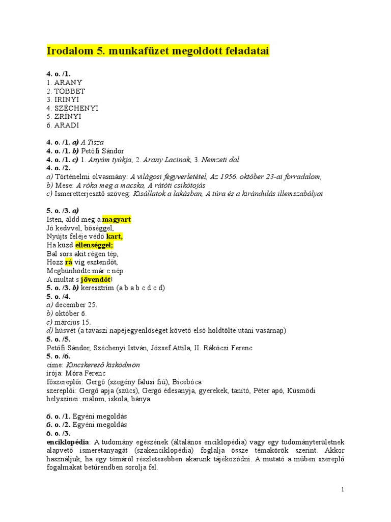 Megoldókulcs Irodalom 5 MF Teljes Végig | PDF