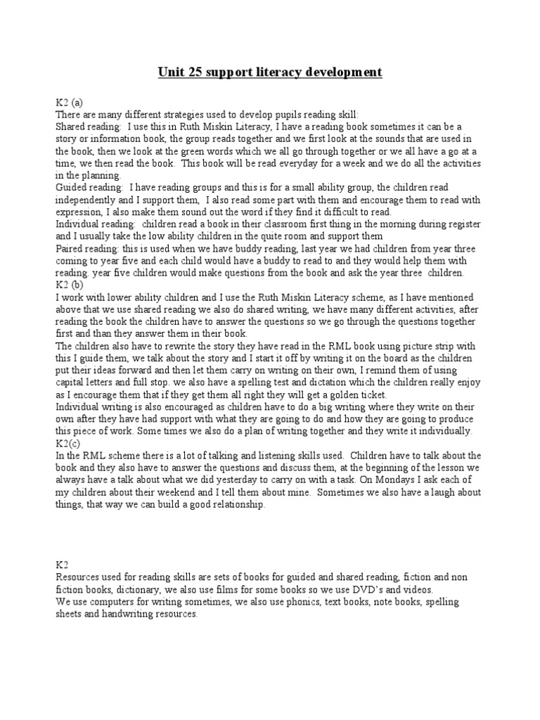 Unit 25 Support Literacy Development | PDF | Phonics | Reading (Process)
