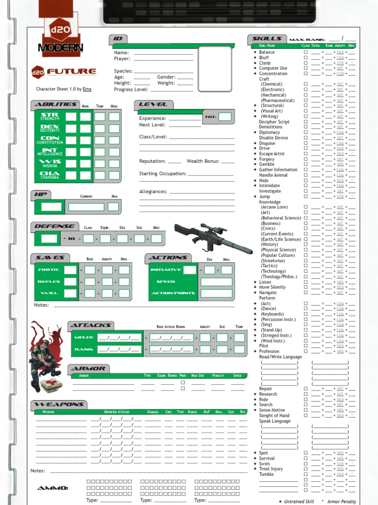 D20 Future Character Sheet 1.0 | PDF | Military Science | Military