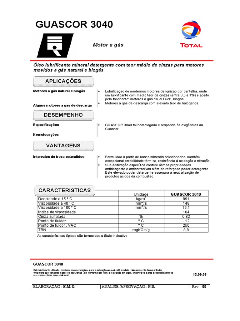Lubrificante GUASCOR 3040 para Motores a Gás | PDF | Motores | Gás natural