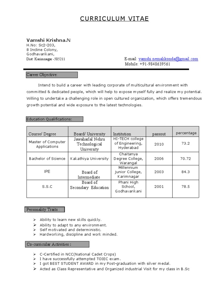 Curriculum Vitae: Vamshi Krishna.N | PDF | Java Server Pages | Java (Programming Language)