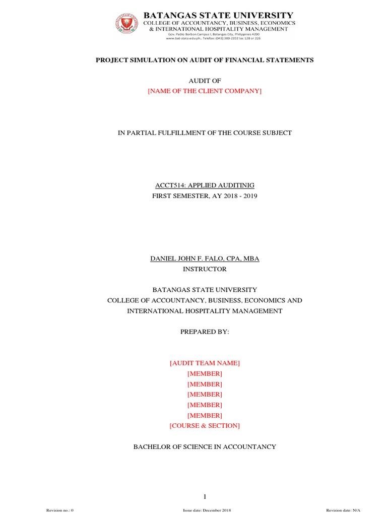 Project Simulation On Audit of Financial Statements: (Name of The ...