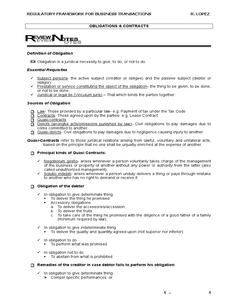 Obligations Contracts Review Notes Quizzer Pdf Guarantee Law Of