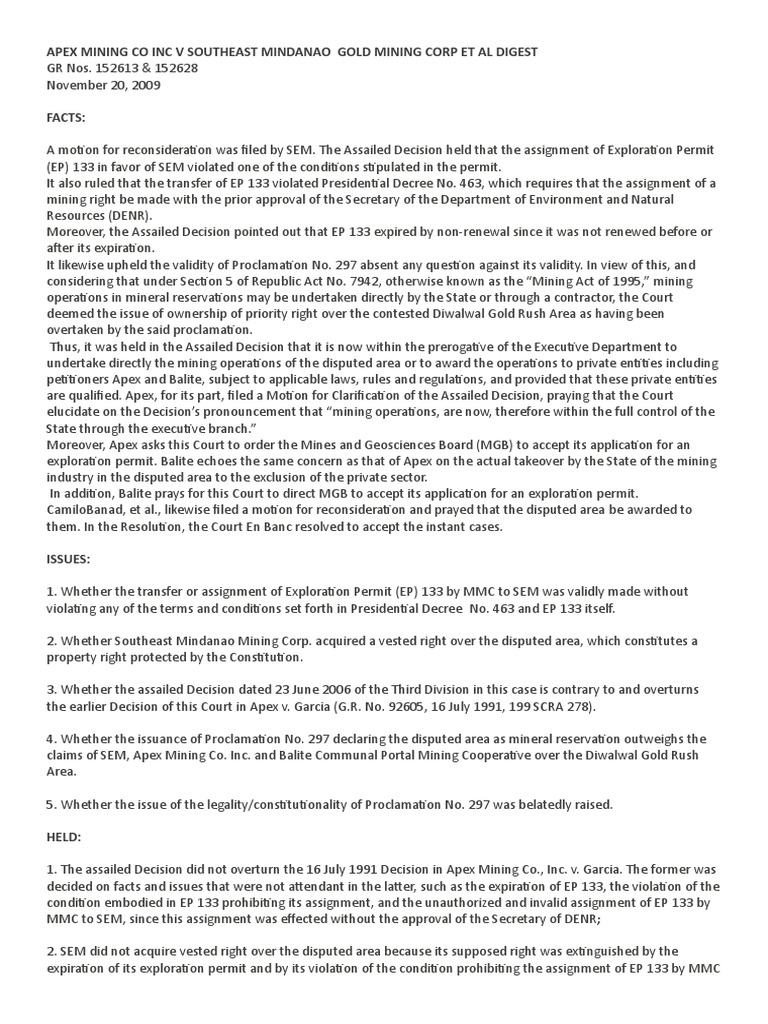 Apex Mining Co Inc V Southeast Mindanao Gold Mining Corp Et Al Digest ...