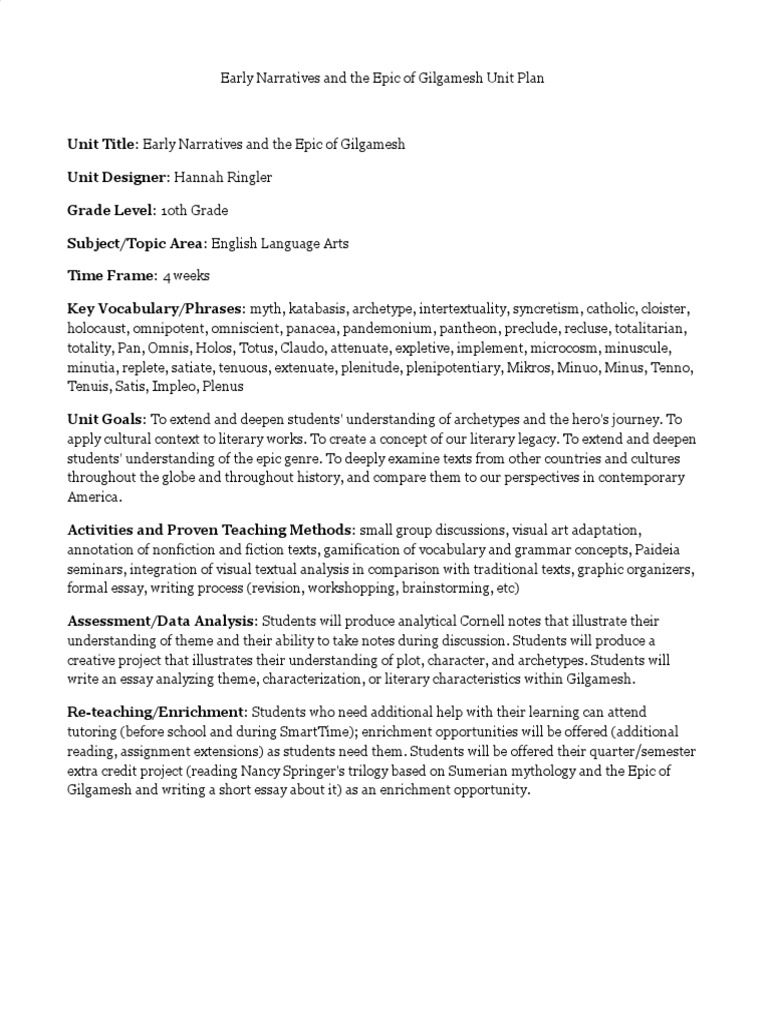 Gilgamesh Unit Plan for 10th Grade ELA | PDF | Narrative | Essays