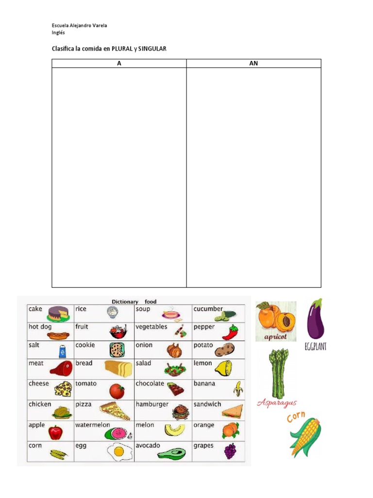 Clasifica La Comida en PLURAL y SINGULAR | PDF