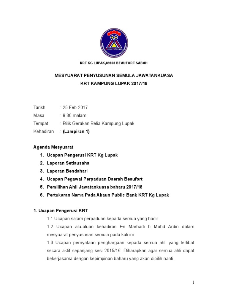 Mesyuarat Penyusunan Semula Jawatankuasa Kerja KRT Kampung Lupak 2017 | PDF