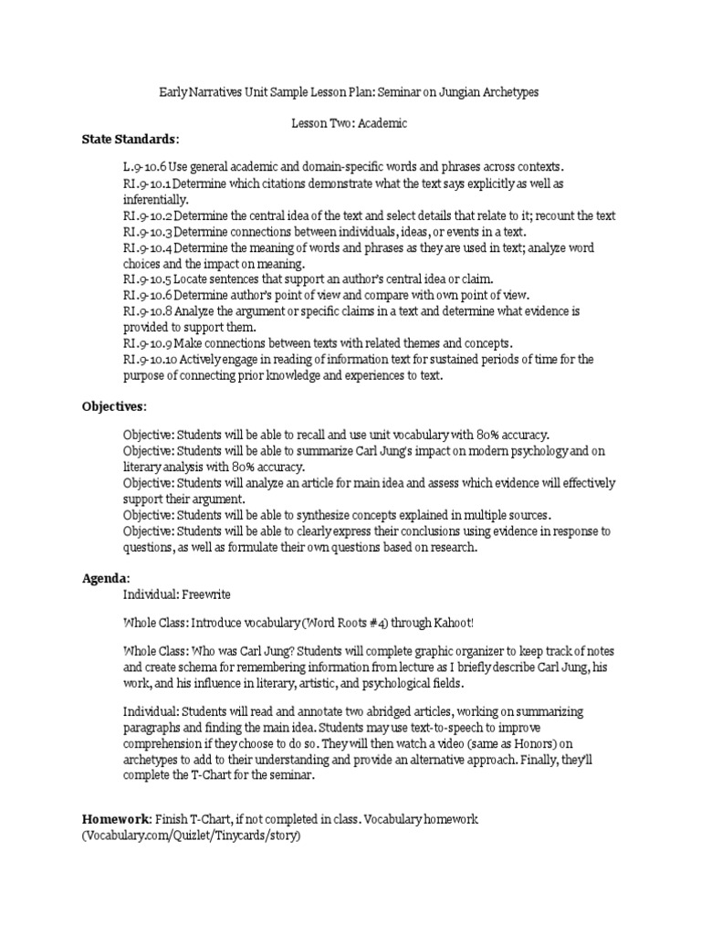 Early Narratives Academic Sample Lesson Plan | PDF | Lesson Plan | Carl ...