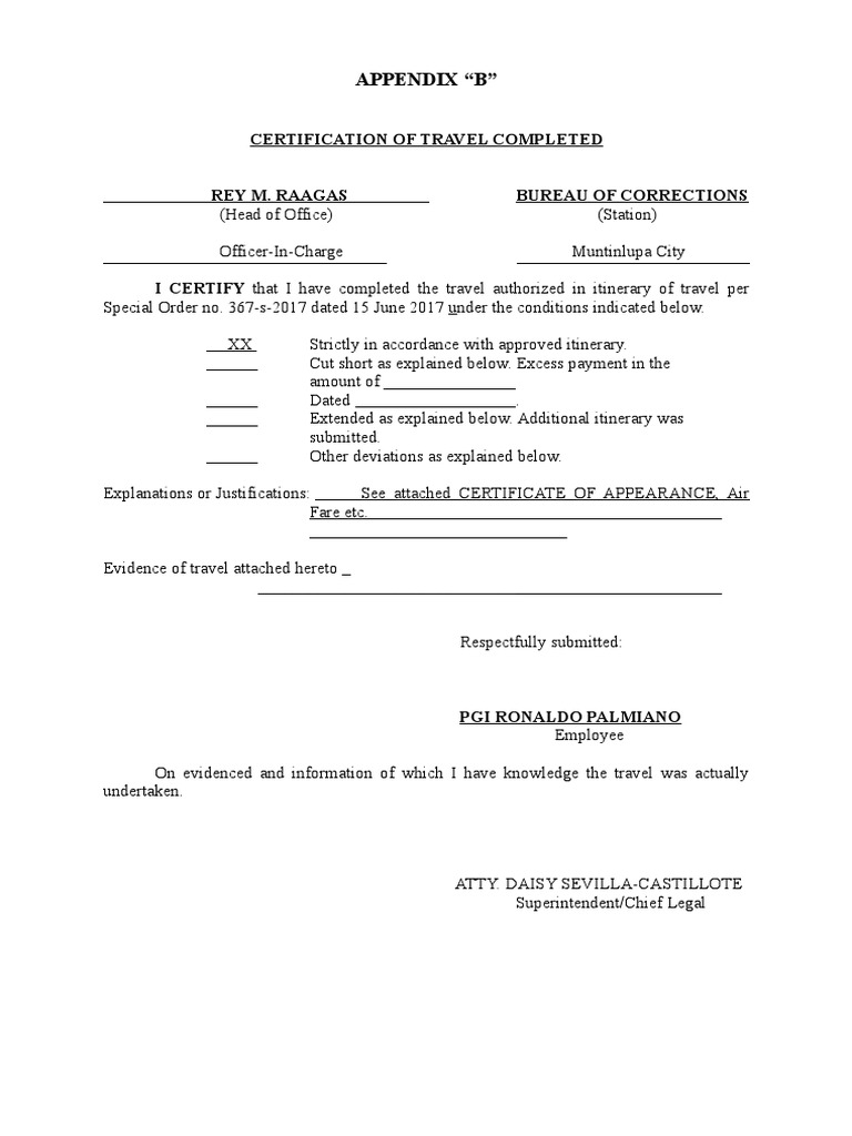 Appendix "B": Certification of Travel Completed | PDF | Business