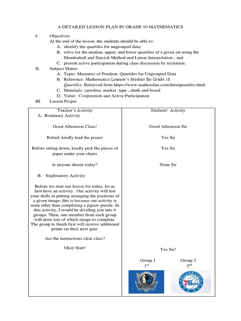 Lesson Plan: Quartiles for Ungrouped Data | PDF | Statistical Analysis ...