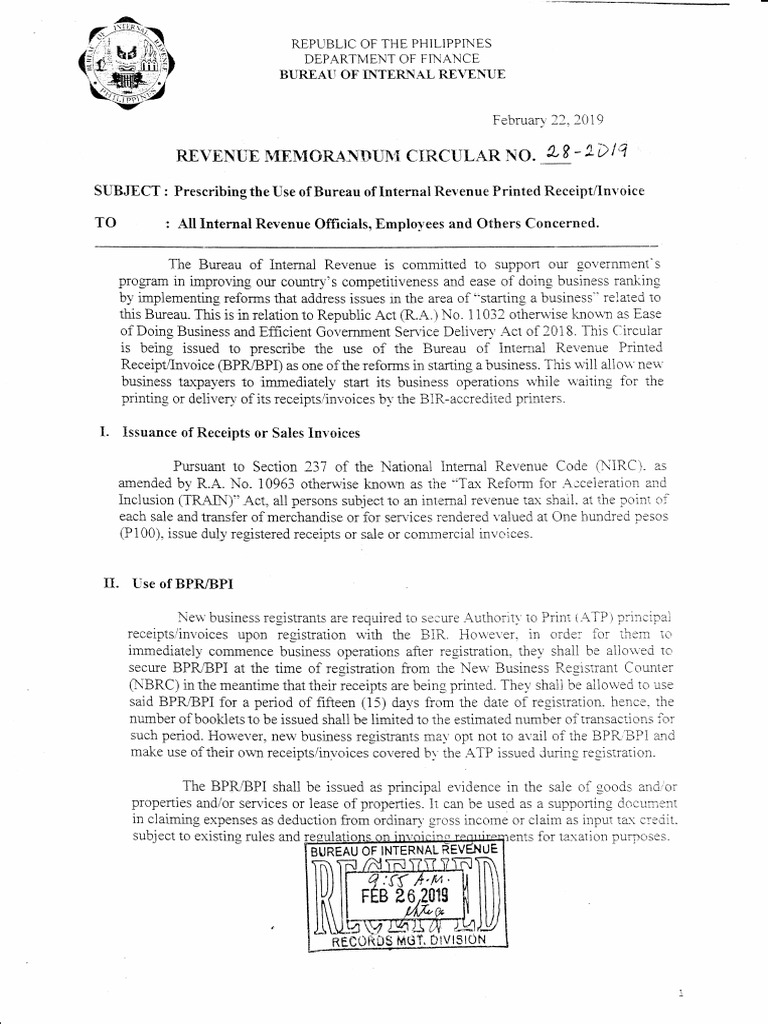 RMC No. 28-2019 | PDF | Invoice | Public Finance
