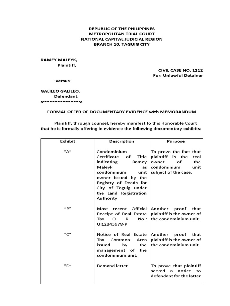 Formal Offer of Evidence With Memorandum | Eviction | Lease | Free 30 ...